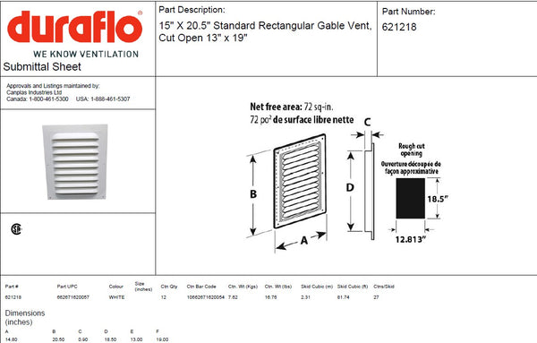 Duraflo 621218 Gable Vent, 20.5 in L, 15 in W, Polypropylene, White ...