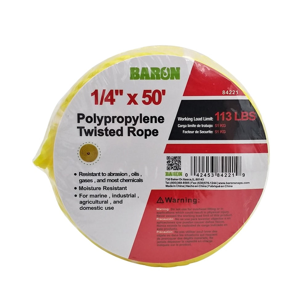 Baron 10812 Twisted Rope, 1/4 Inch x 50 Feet, Yellow – Toolbox Supply